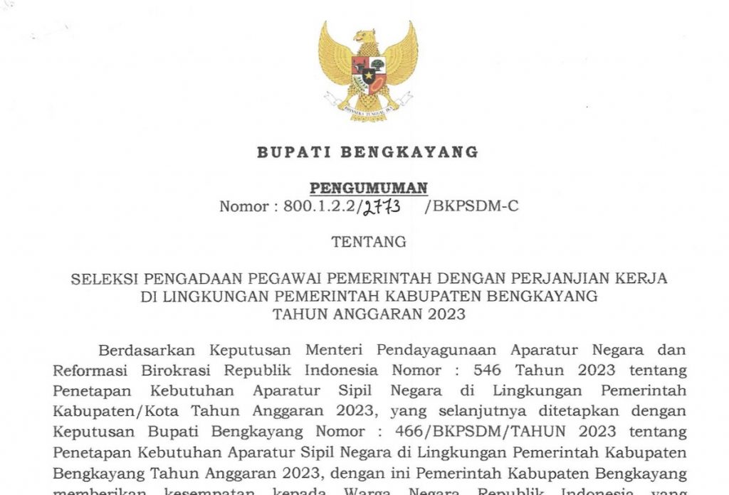 PENGUMUMAN SELEKSI PENGADAAN PPPK DI LINGKUNGAN PEMERINTAH KAB.BENGKAYANG TAHUN ANGGARAN 2023 ...